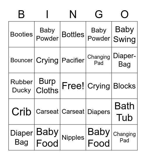 Baby Shower Games Bingo Card
