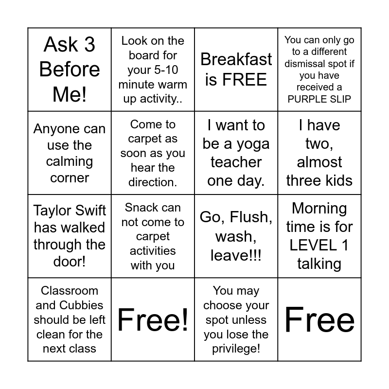 Classroom Procedures Bingo Card
