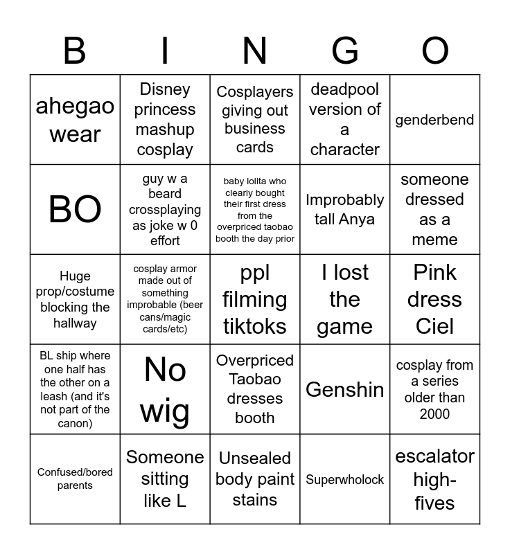 Weebcon Bingo Card