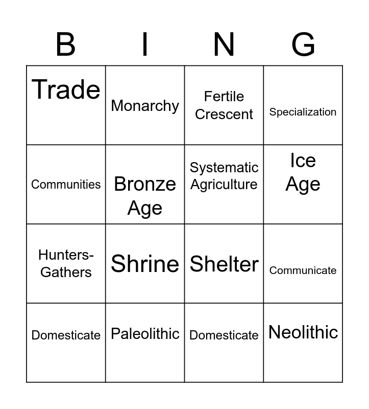 Paleolithic and Neolithic Bingo Card