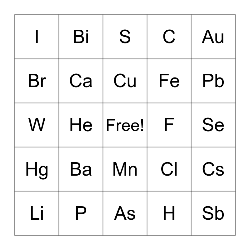 Element Symbols Bingo Card