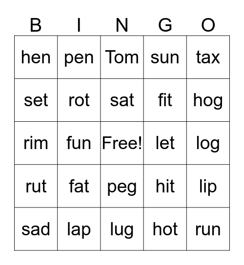 Short Vowel Bingo Card