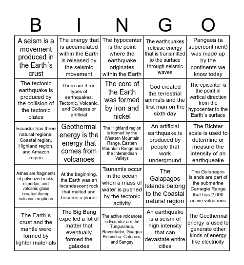 Unit 1: Earth Evolution Bingo Card