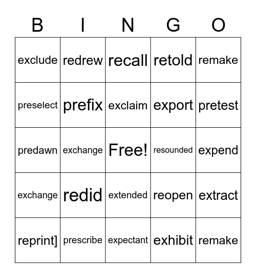 Pre, re ex Bingo Card