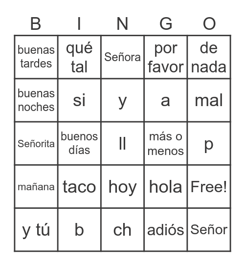 Spanish Greetings and Alphabet Bingo Card