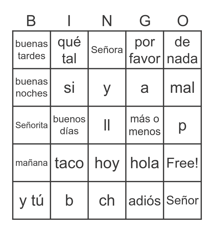 Spanish Greetings and Alphabet Bingo Card