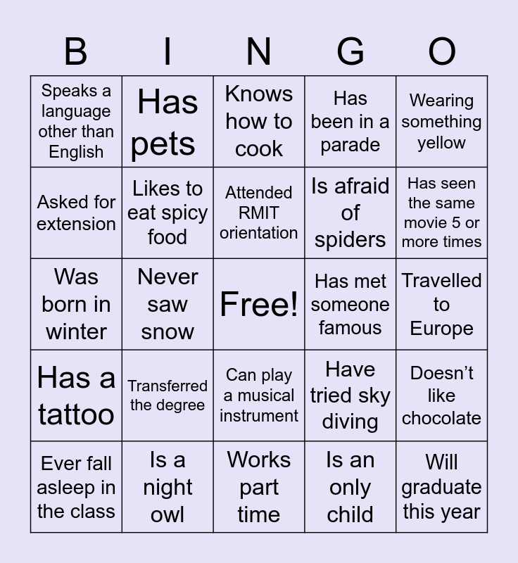 Peer Mentor Bingo Card