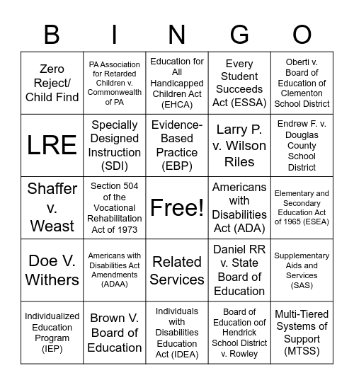 Special Education Law Bingo Card