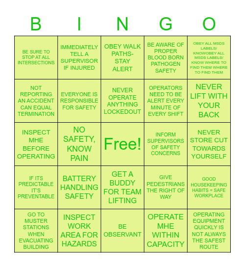 SAFETY BINGO Card