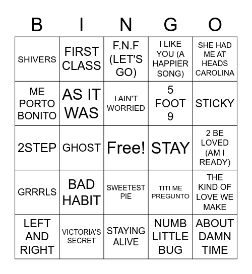 BILLBOARD HOT 100 Bingo Card