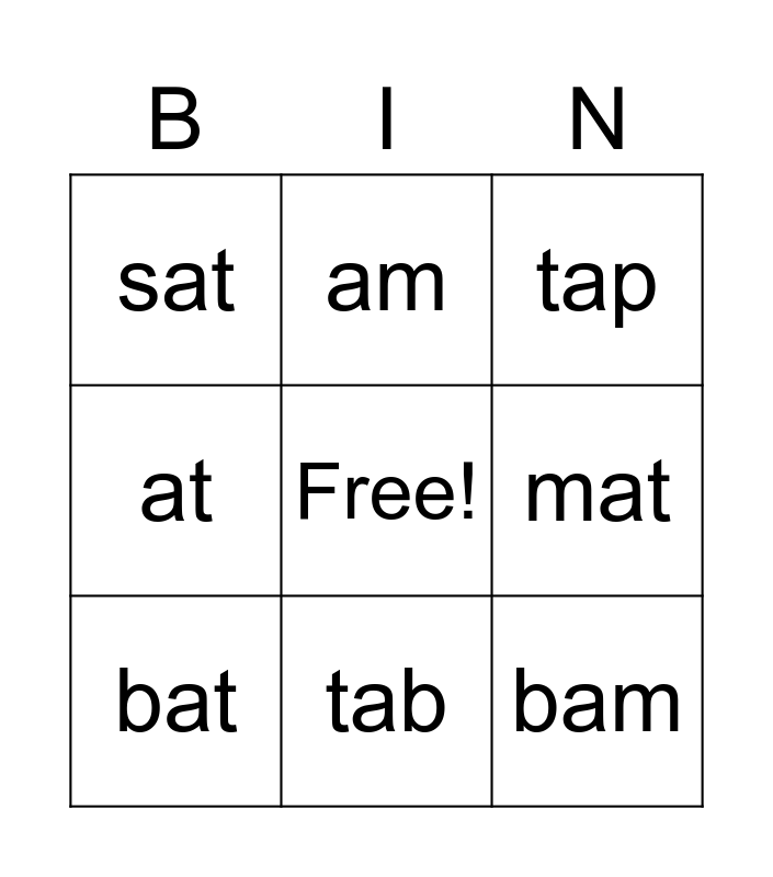CVC Short a Bingo Card
