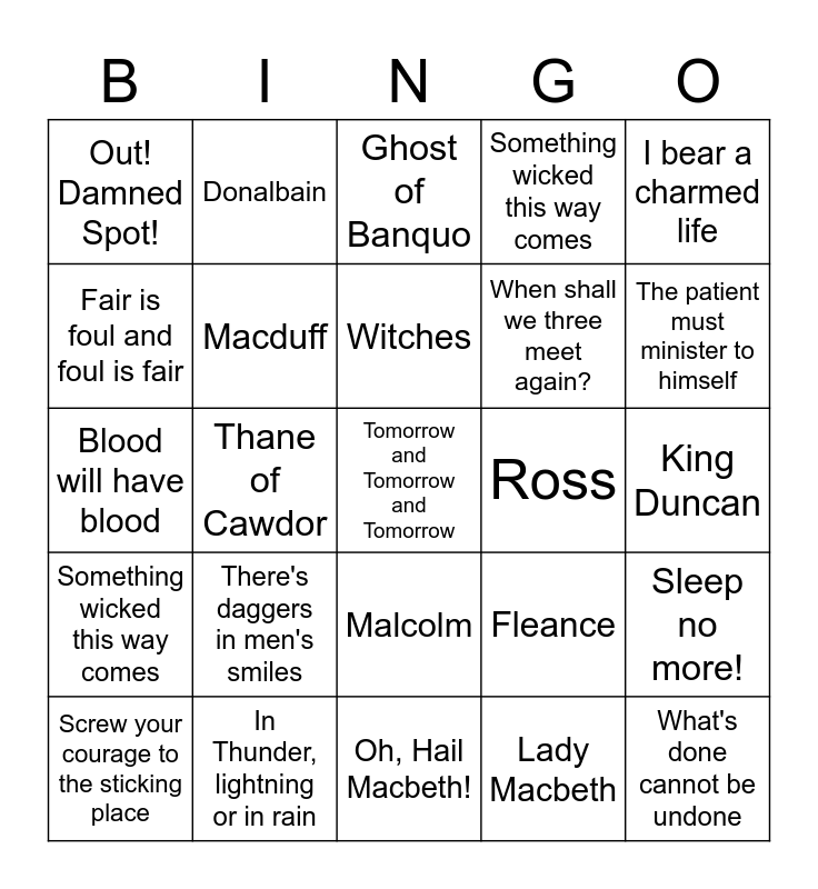 Macbeth Bingo Card