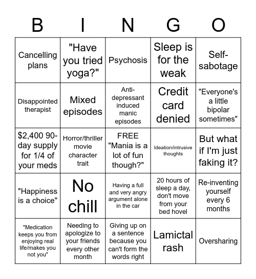 Bipolar (II) Bingo Card