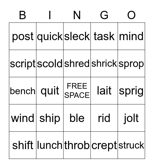 Closed Syllable BINGO Card