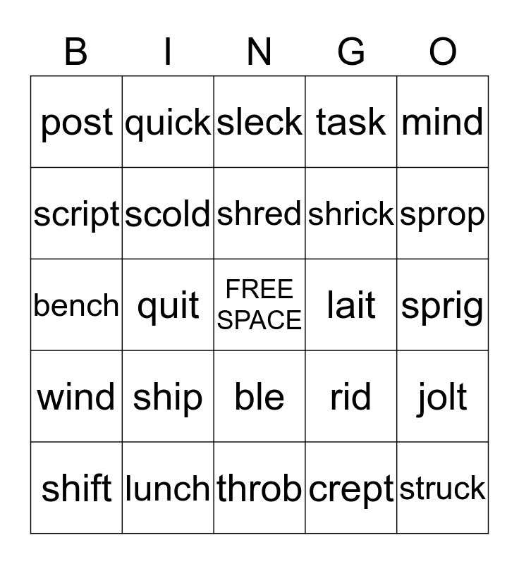 Closed Syllable BINGO Card