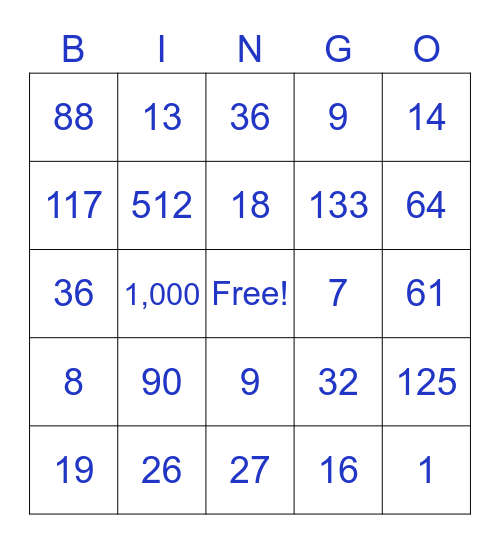 Order of Operations/Exponents Bingo Card