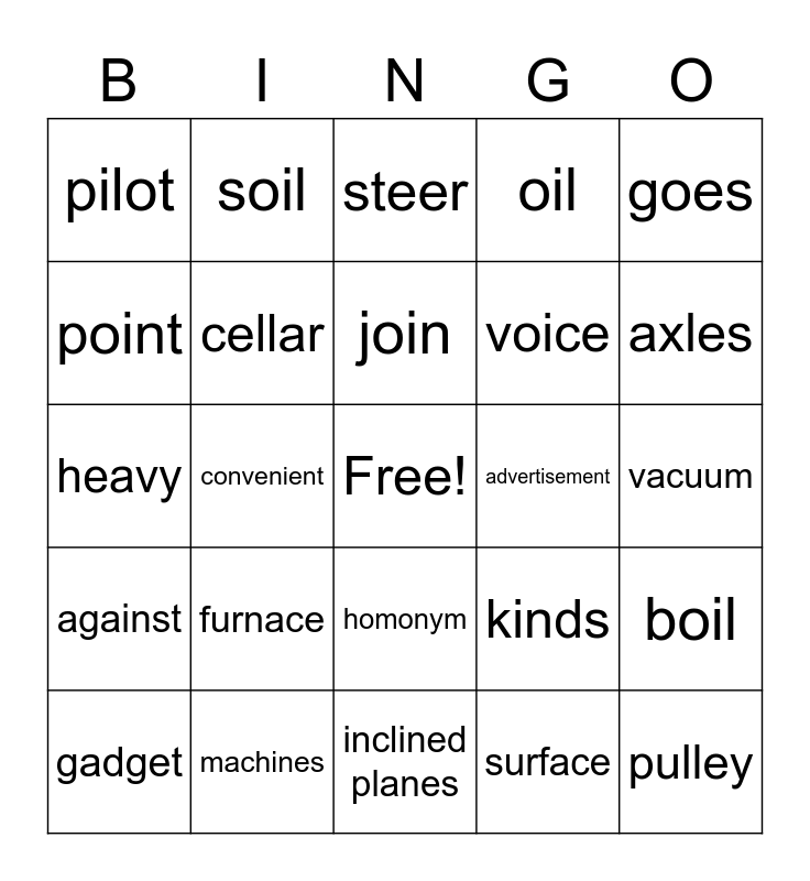 Simple Machines Bingo Card