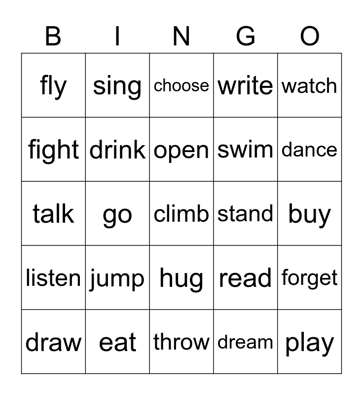 Verb Bingo Card