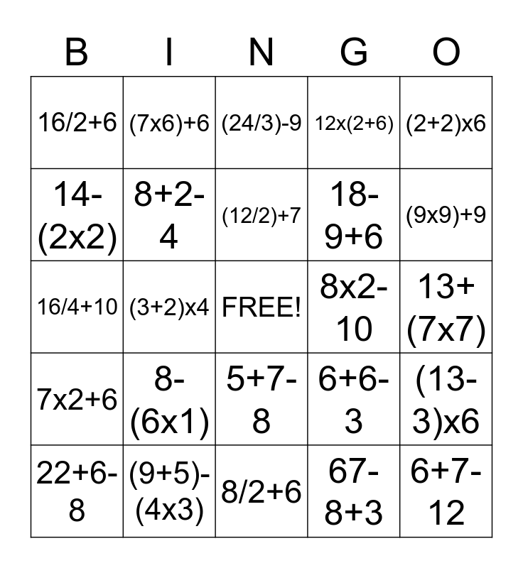 Order of Operations Bingo Card