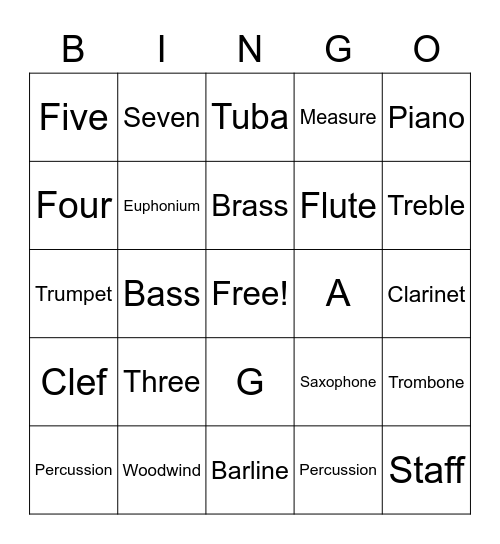 Beginner Band Bingo Card