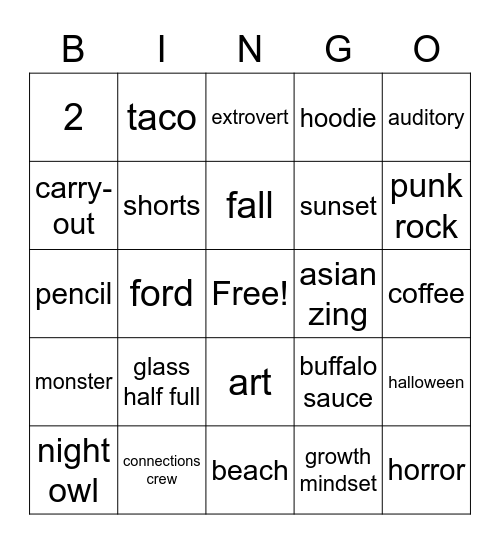Personality Bingo Card