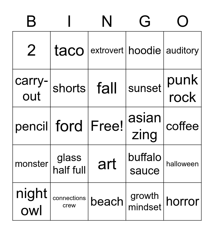 Personality Bingo Card