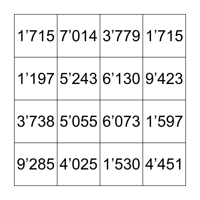 BINGO Zahlen bis 10'000 Bingo Card