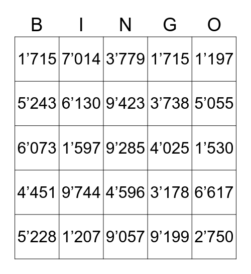 Zahlen bis 10'000 Bingo Card