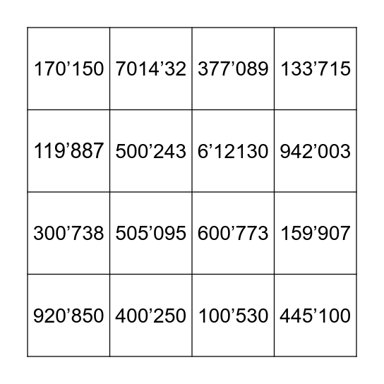 BINGO: Zahlen bis 1'000'000 Bingo Card
