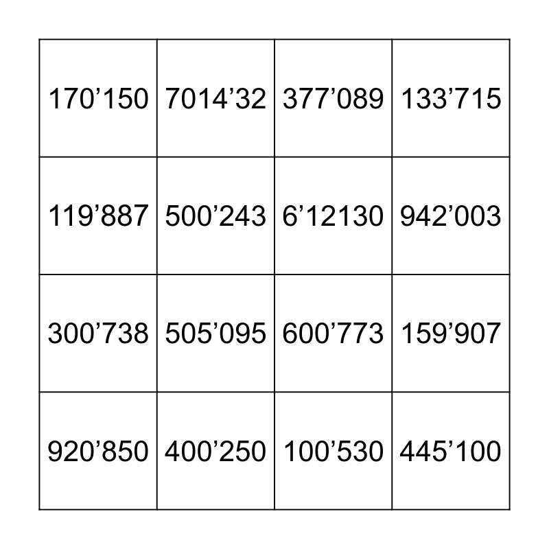 BINGO: Zahlen bis 1'000'000 Bingo Card