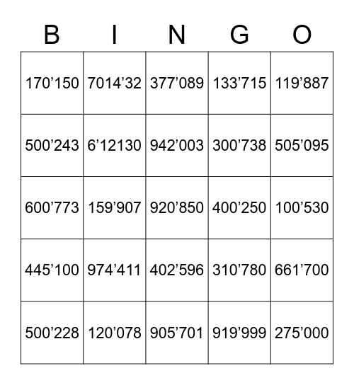 Zahlen bis 1'000'000 Bingo Card