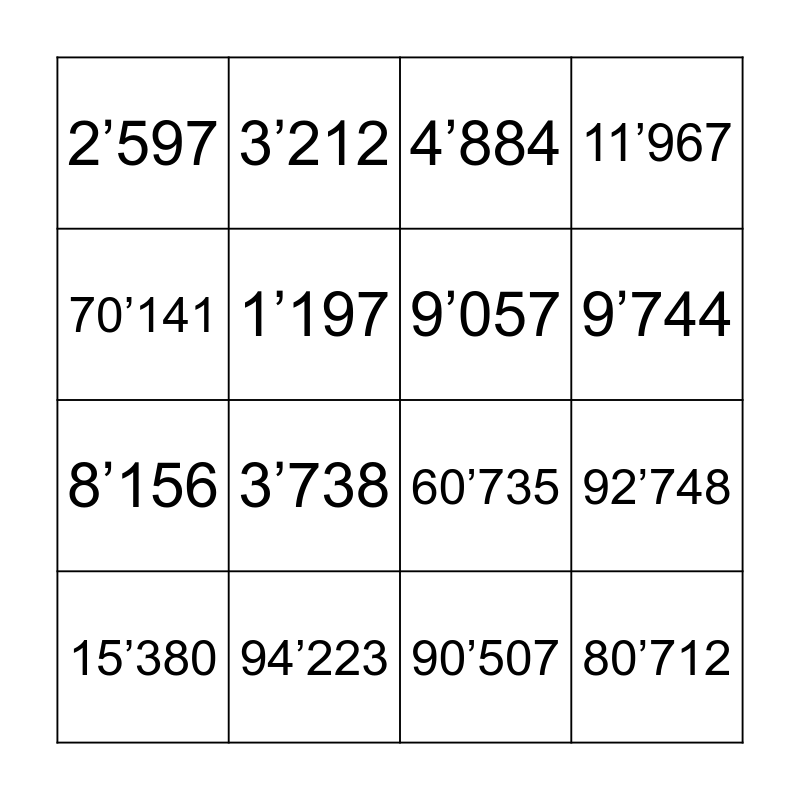 Zahlen bis 100'000 Bingo Card