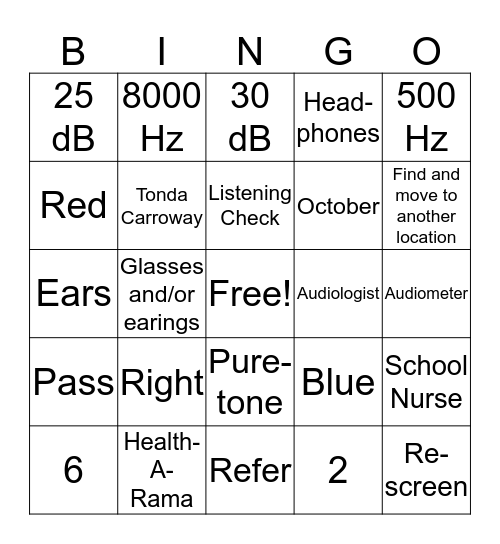 Hearing Screening Bingo Card