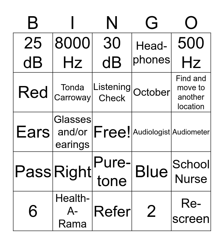 Hearing Screening Bingo Card