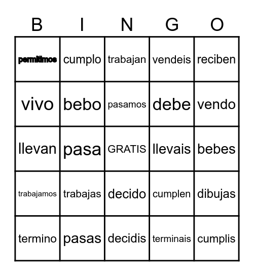 AR ER IR Verbs Bingo Card AR ER IR Verbs Bingo Card
