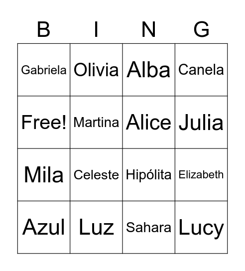 Names Bingo Card