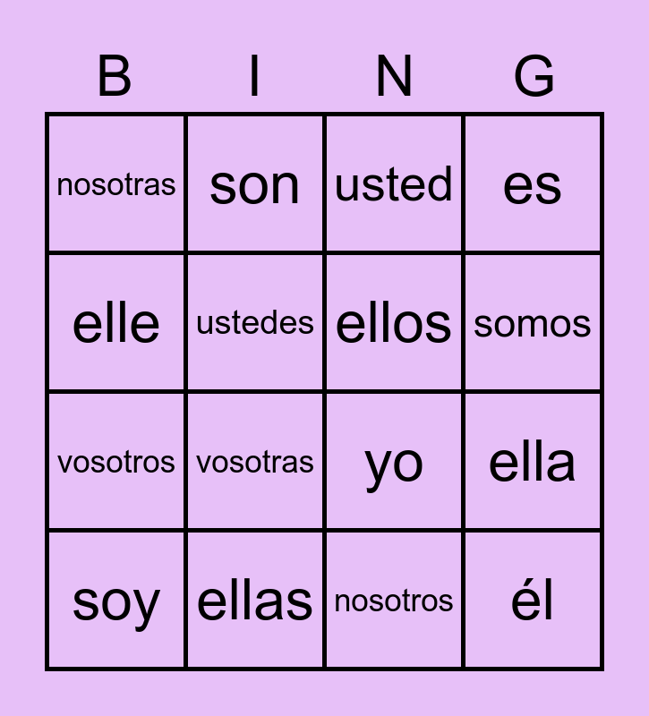 Subject Pronouns & SER Bingo Card
