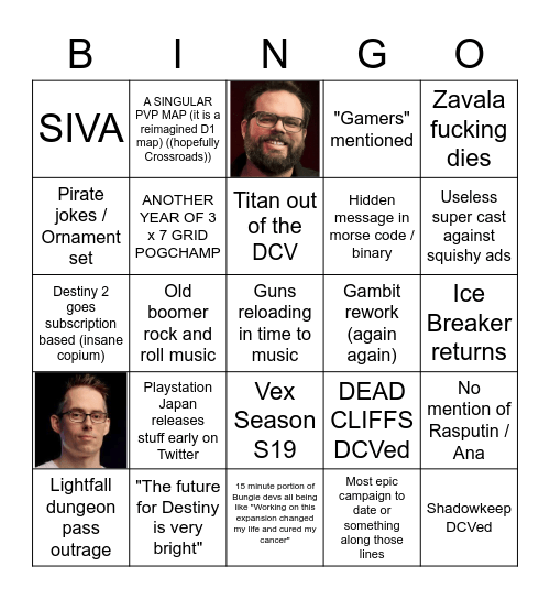 Destiny 2 Lightfall Stream Copium Extravaganza Bingo Card