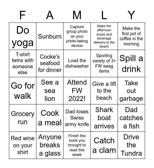 Family Week 2022 Bingo Card