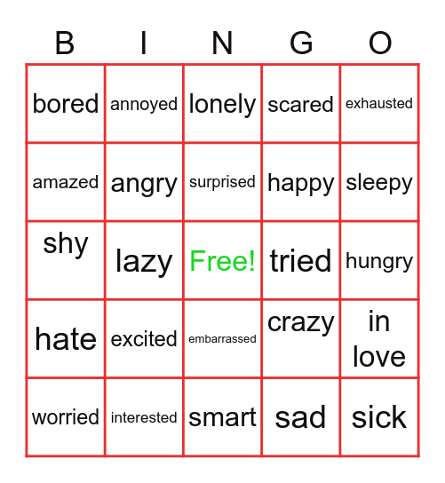 adjectives to describe feelings Bingo Card