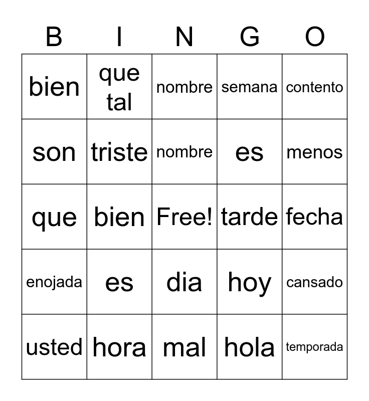 Saludo Bingo Card