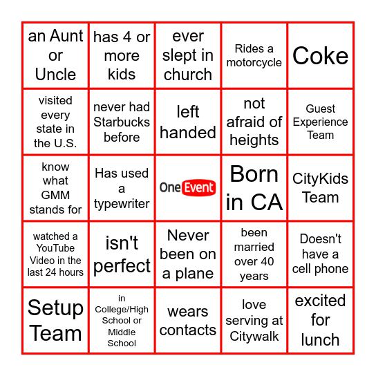 One Event Bingo Card