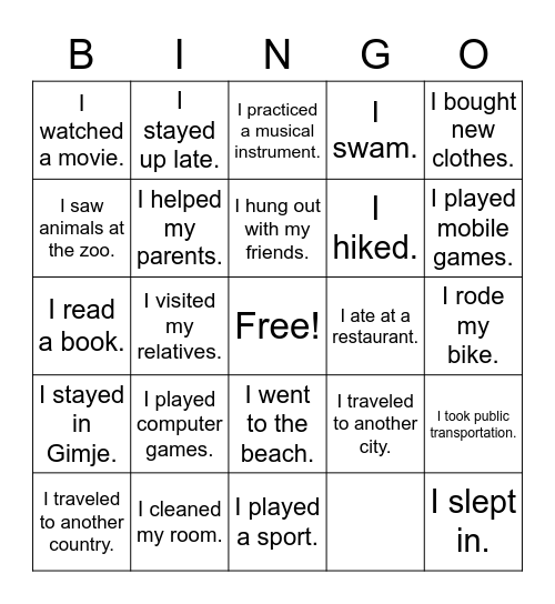 Summer Break Bingo Card
