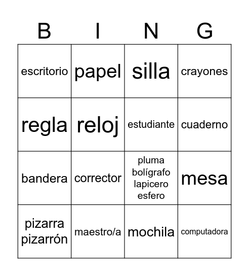 Los Materiales Escolares Bingo Card