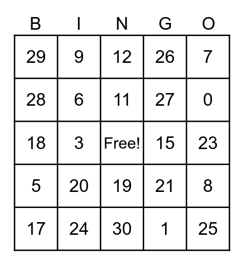 Los Números 0-31 Bingo Card