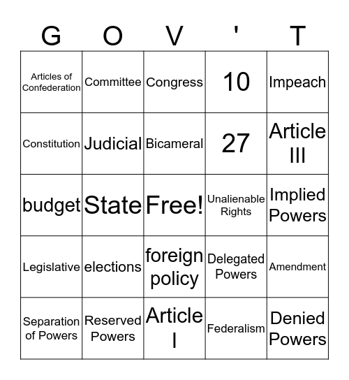Constitutional Review Bingo Card