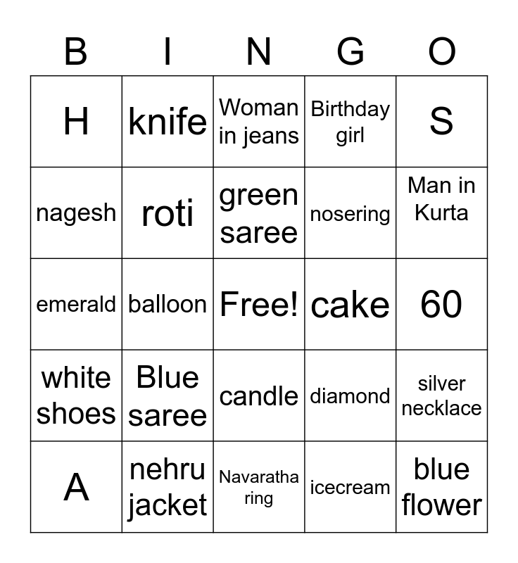Asha's 60th Bingo Card