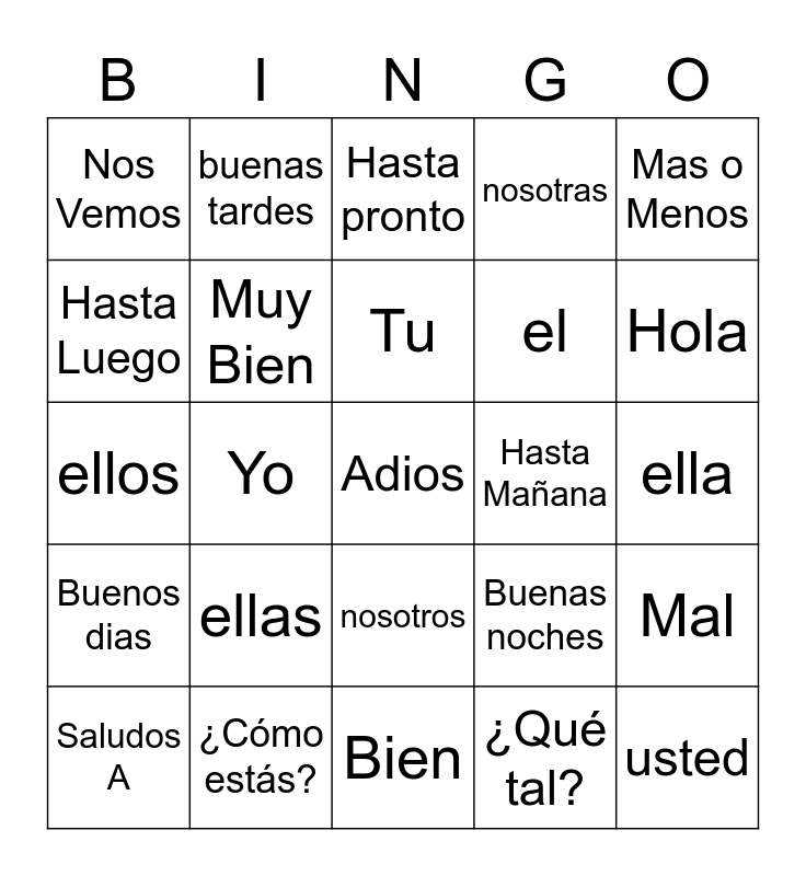 Saludos y despedidas and pronombres Bingo Card