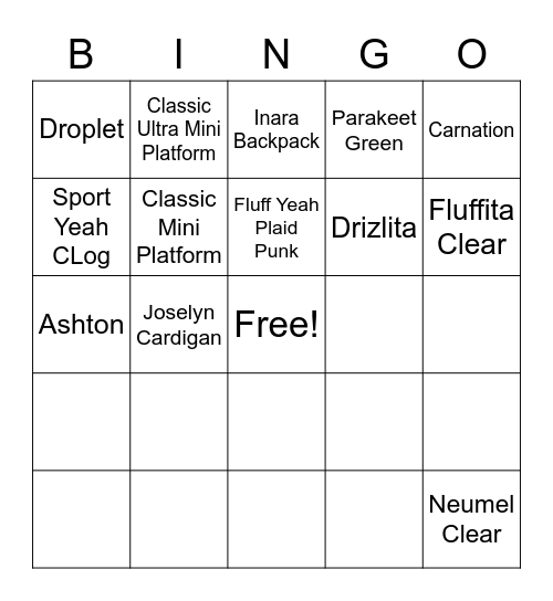 UGG Bingo Card
