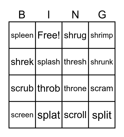 Three Letter Blends Bingo Card